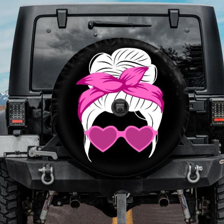 Pink Messy Bun Heart Glasses Spare Tire Cover – COVERDOM